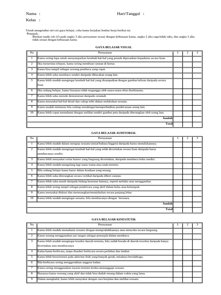 Angket Gaya Belajar | PDF