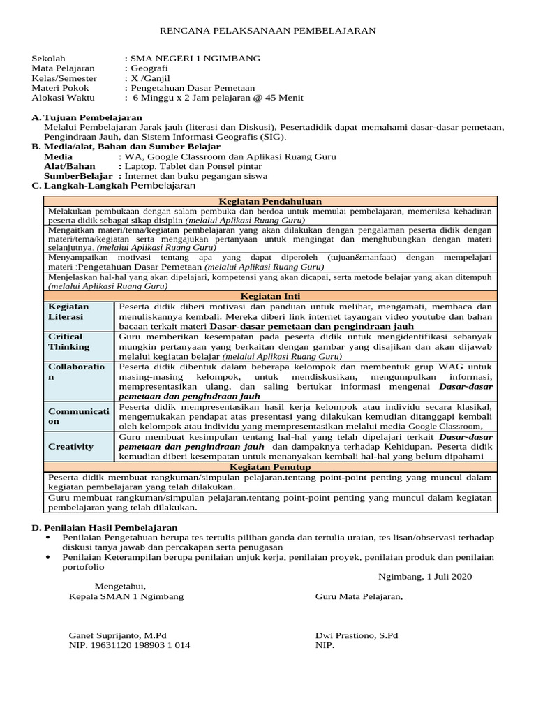 RPP GEOGRAFI KELAS 10 Pengetahuan Dasar Pemetaan | PDF