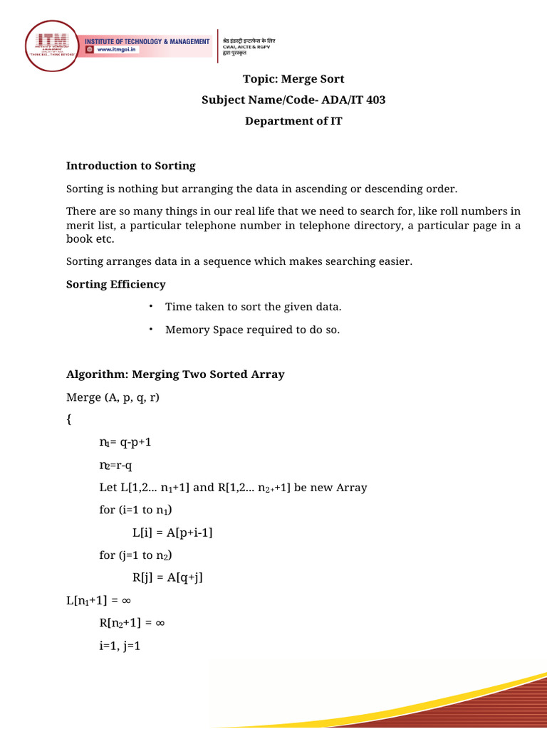9.21.3.2023 IT 403 Sorting - Merge Sort Algorithm - Notes | PDF