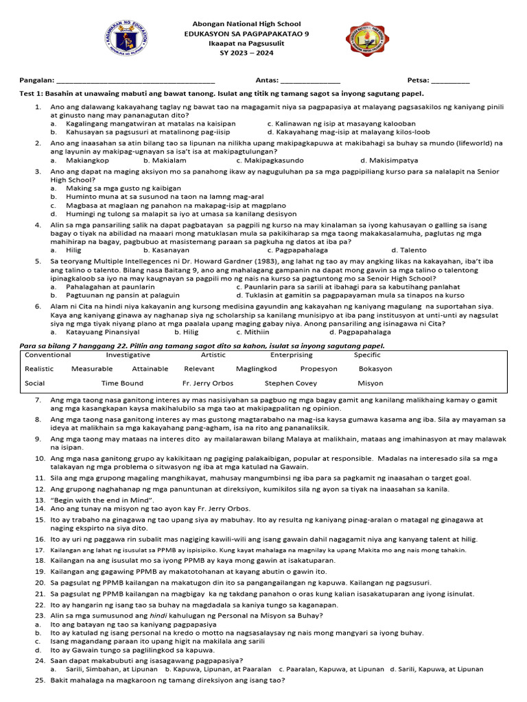 4th Periodical Test - Grade - 9 | PDF