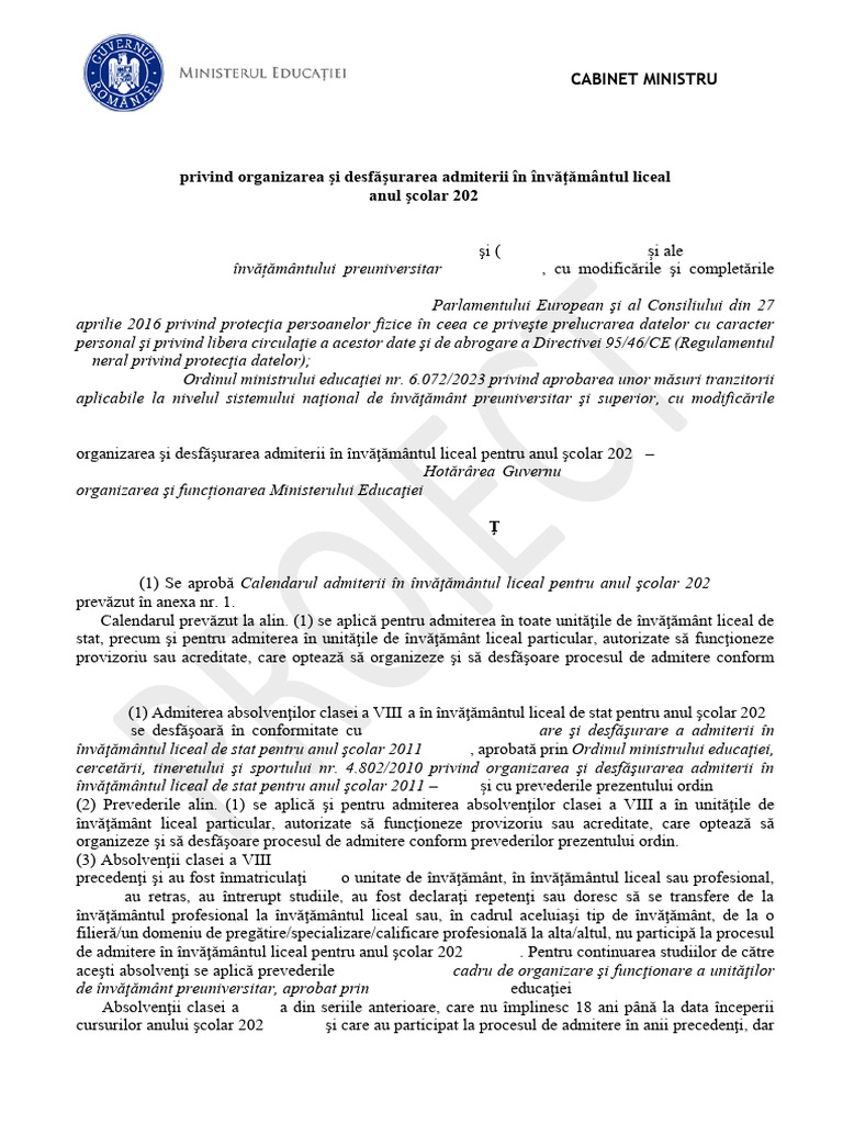 PROIECT Ordin Admitere Liceu 2025-2026 | PDF