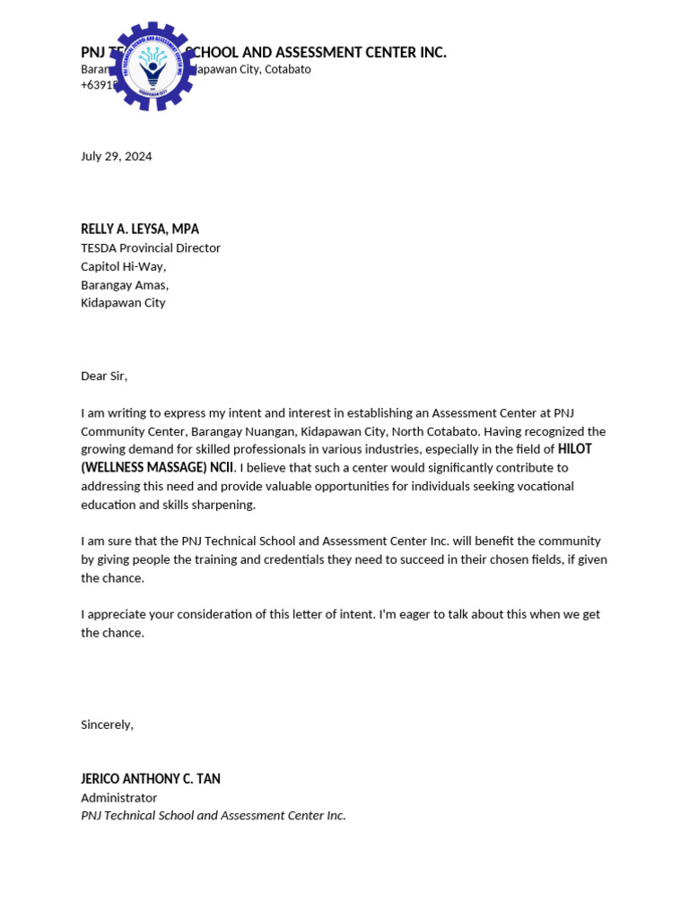 Letter of Intent For Assessment Center | PDF