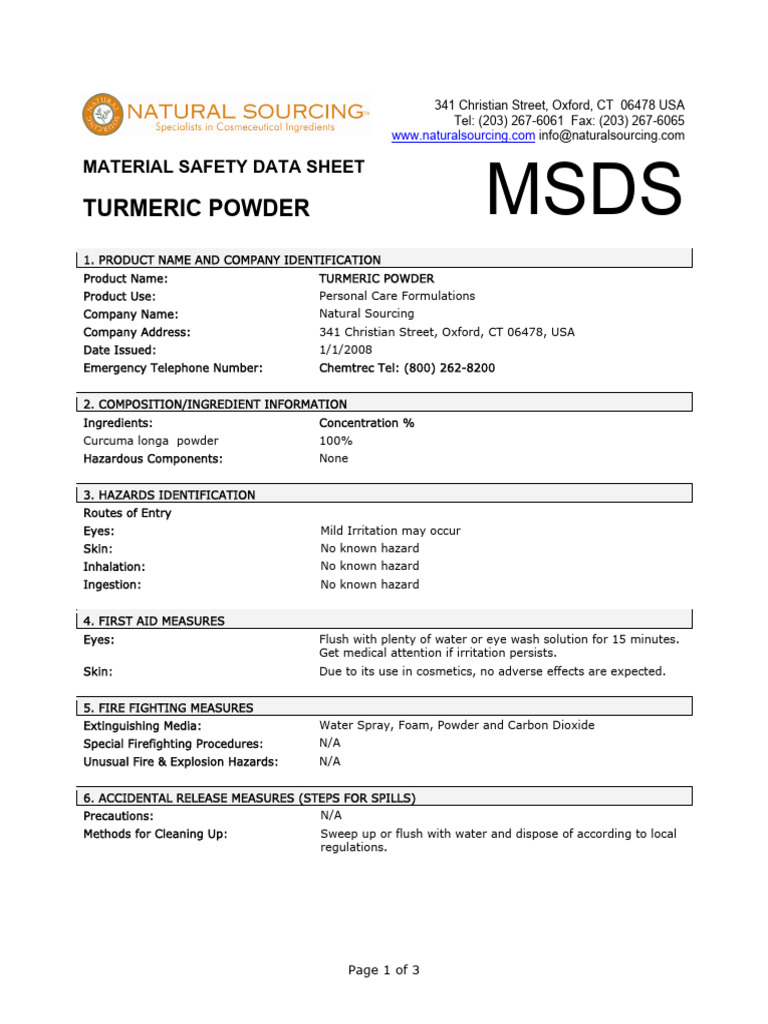 MSDS Turmeric Powder | PDF | Firefighting | Self-Improvement