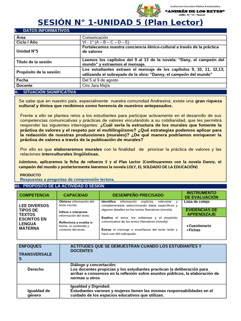 Sesión 1-U5 - Plan Lector - Dany Campeon Del Mundo | PDF