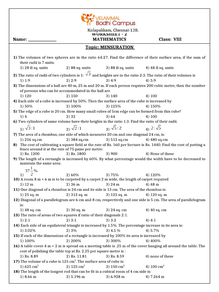 GR 8 Maths Worksheet (Mensuration) 2 | PDF