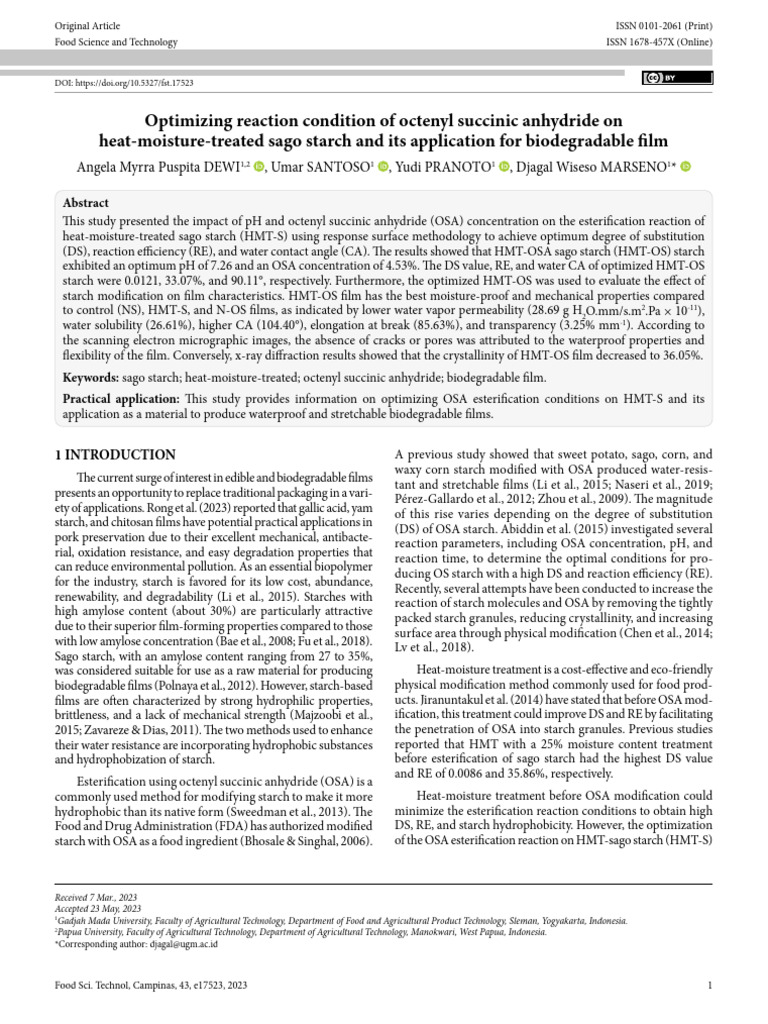 ptimizing reaction condition of octenyl succinic anhydride on heat-moisture-treated sago starch ...