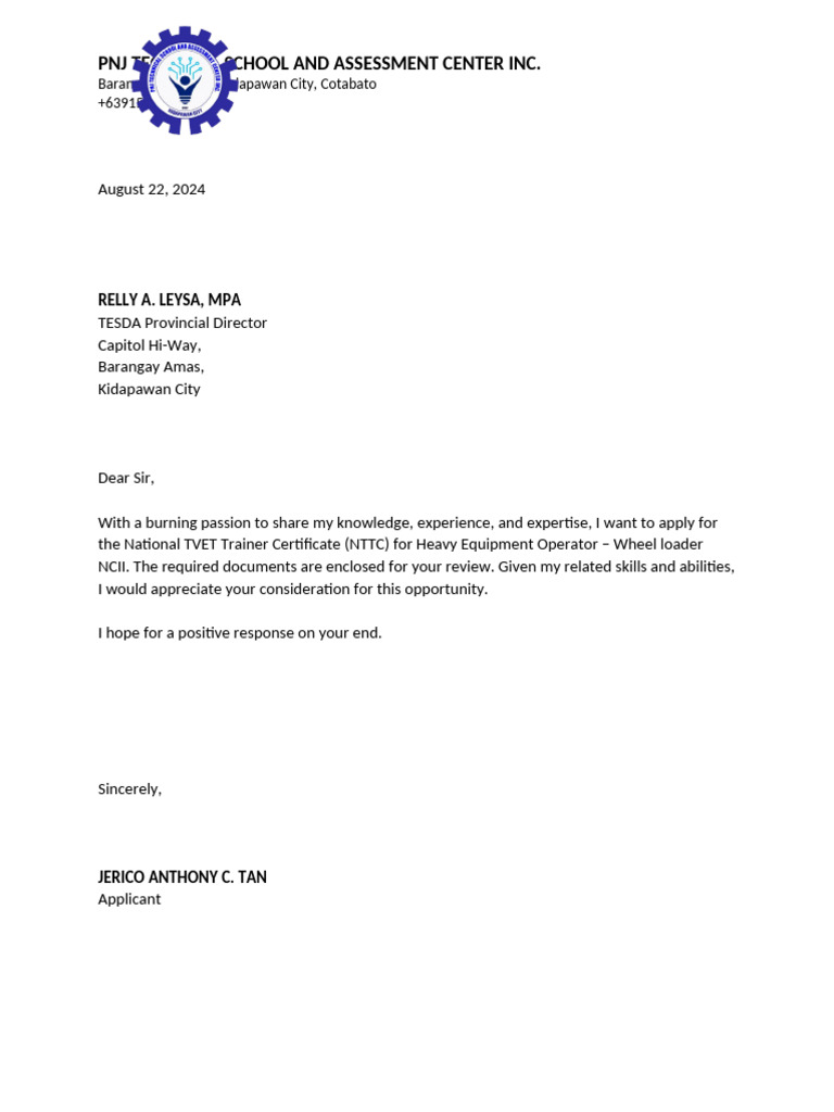 Letter of Intent For PD TESDA | PDF