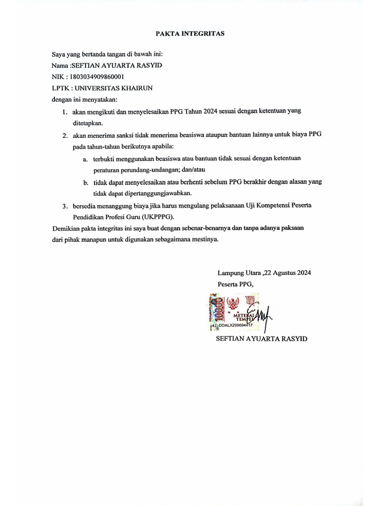 Pakta Integritas | PDF