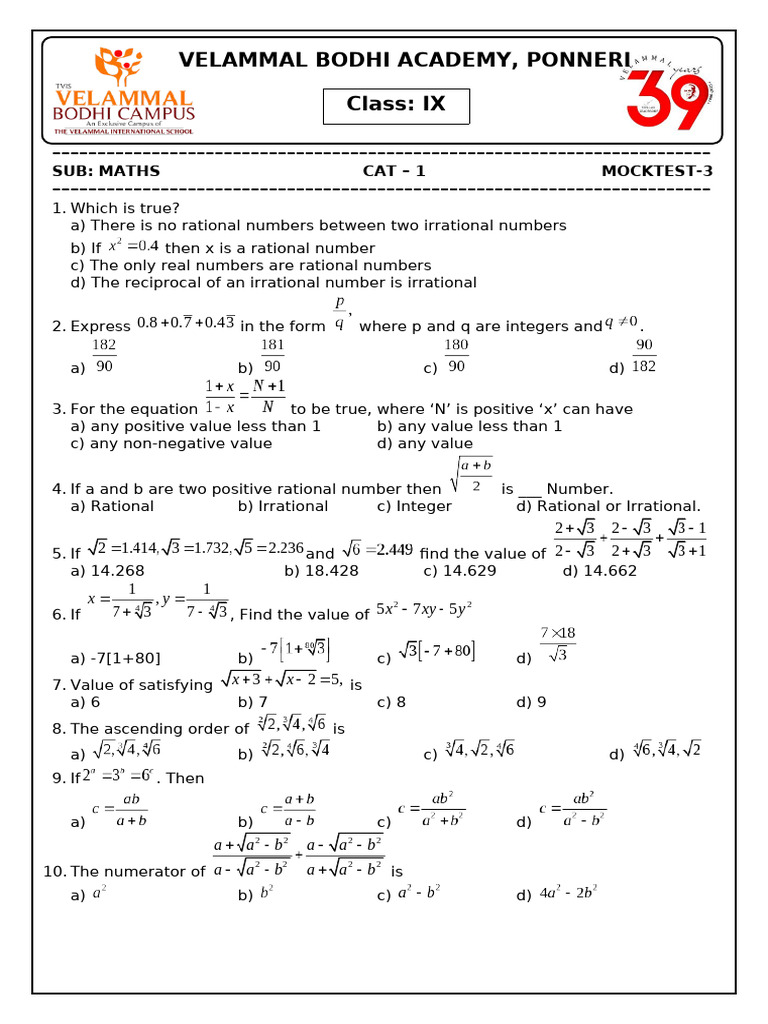 9th Mock Test 3 Math Pdf