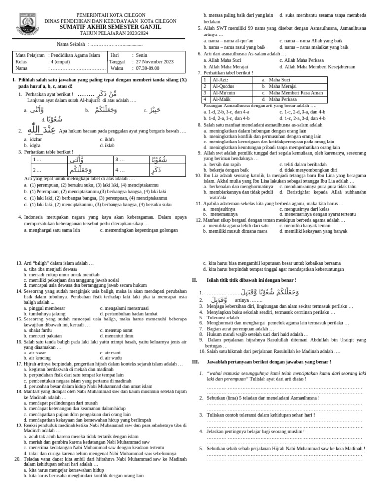 Soal SAS PAI Kls 4 Ganjil 23 | PDF