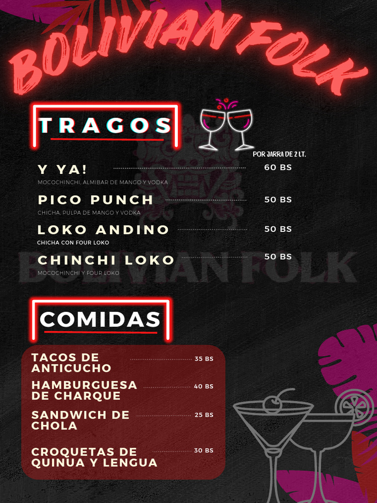 Menú Vertical Carta de Tragos Bar Moderno Negro | PDF