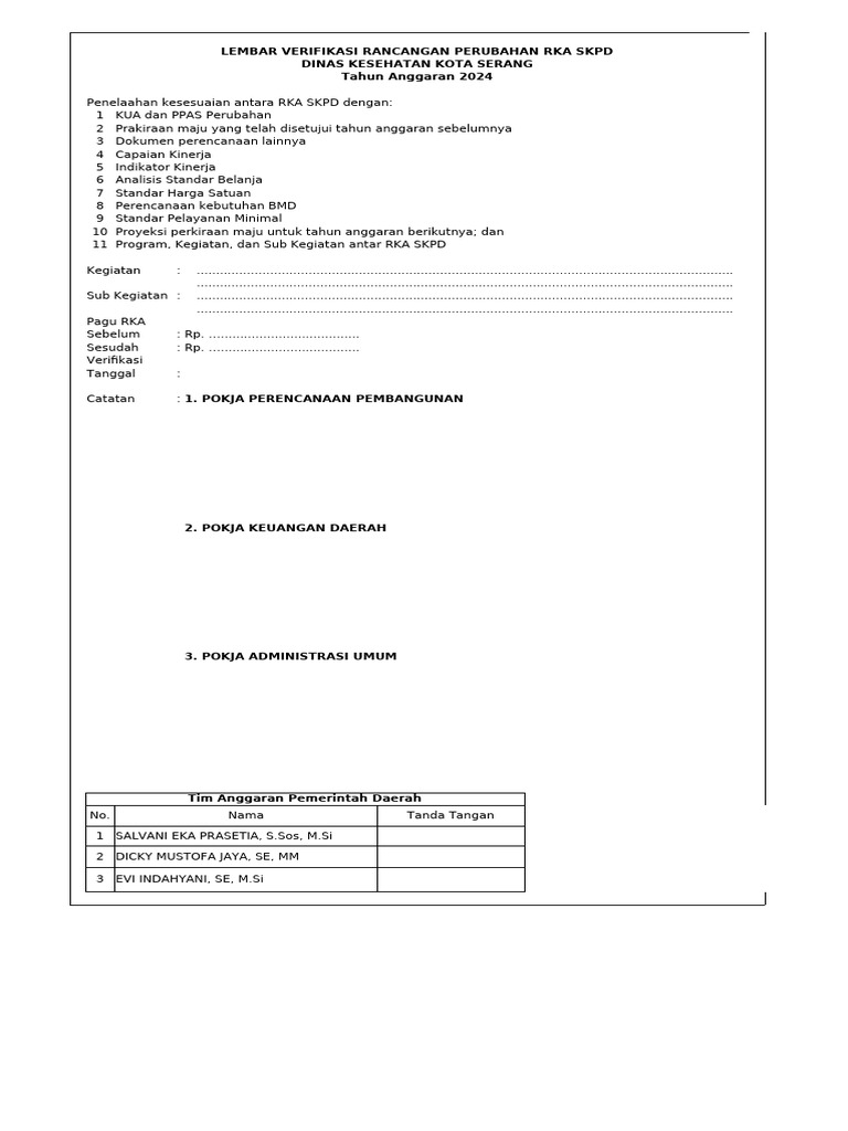 Lembar Verifikasi Ranc RKA SKPD 2024 | PDF