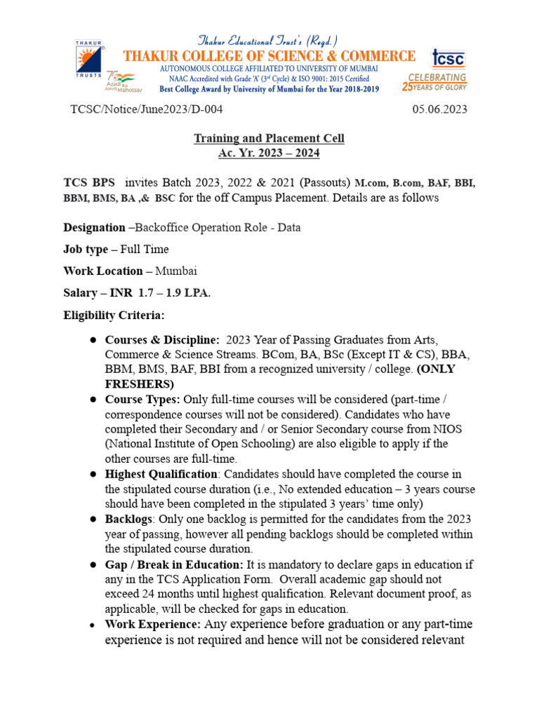 TCSC - Notice - June2023 - D-004 TCS BPS | PDF