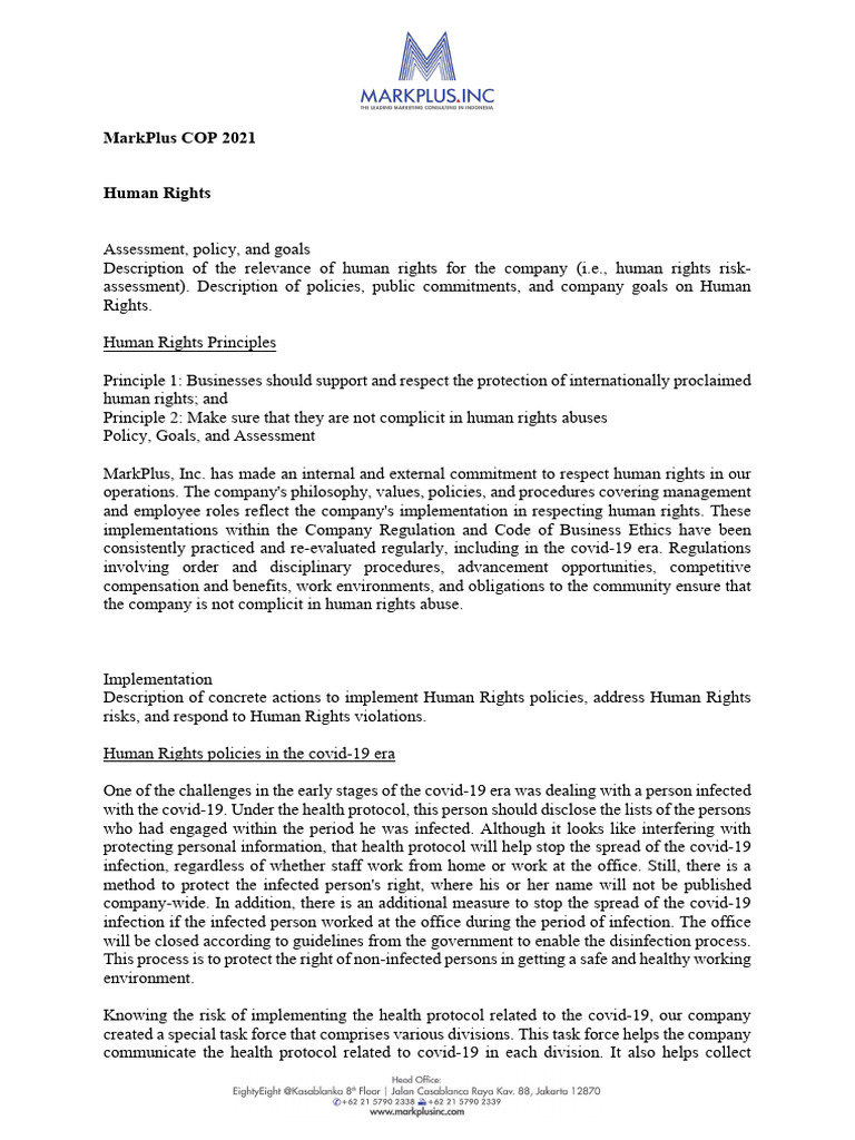 UN Global Compact Principles at MarkPlus COP 2021 | PDF