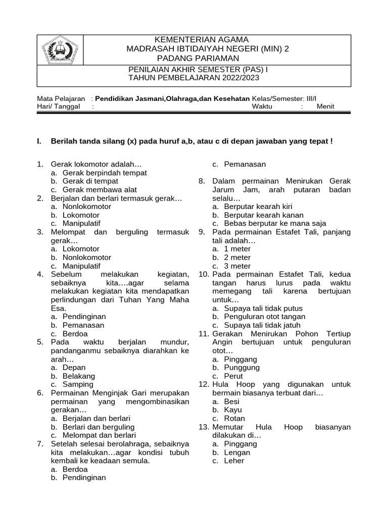 SOAL PJOK KLS 3 SMT I Dan 2 | PDF