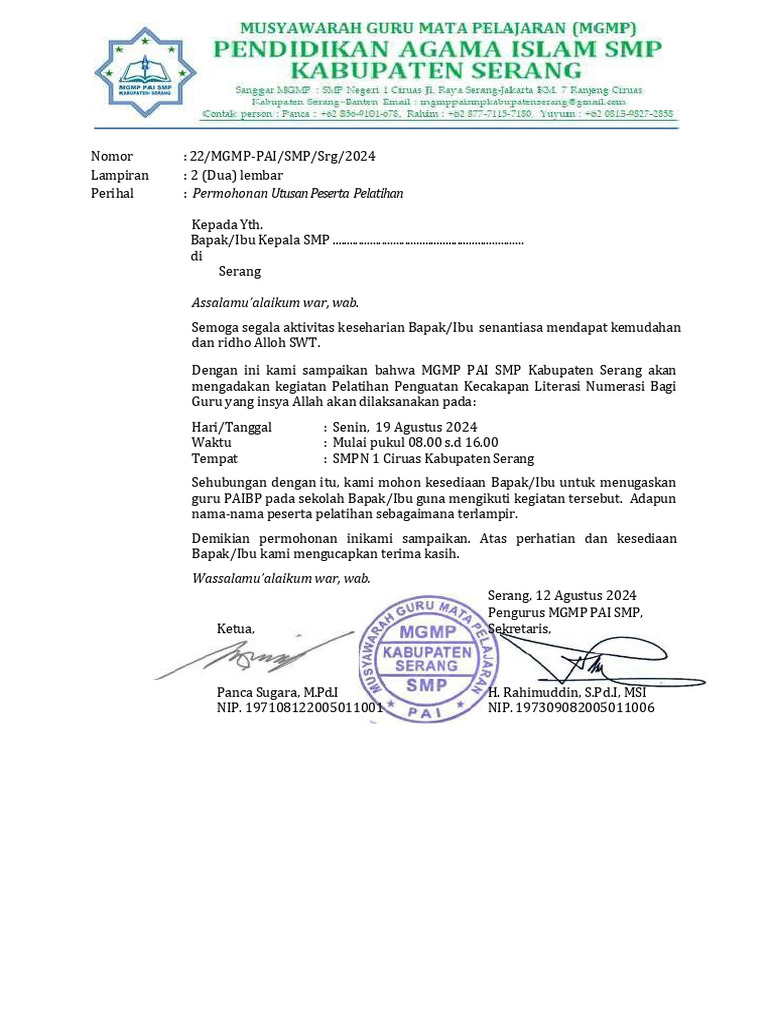 Surat MGMP Utk Kepsek, Mohon Utusan-1 | PDF
