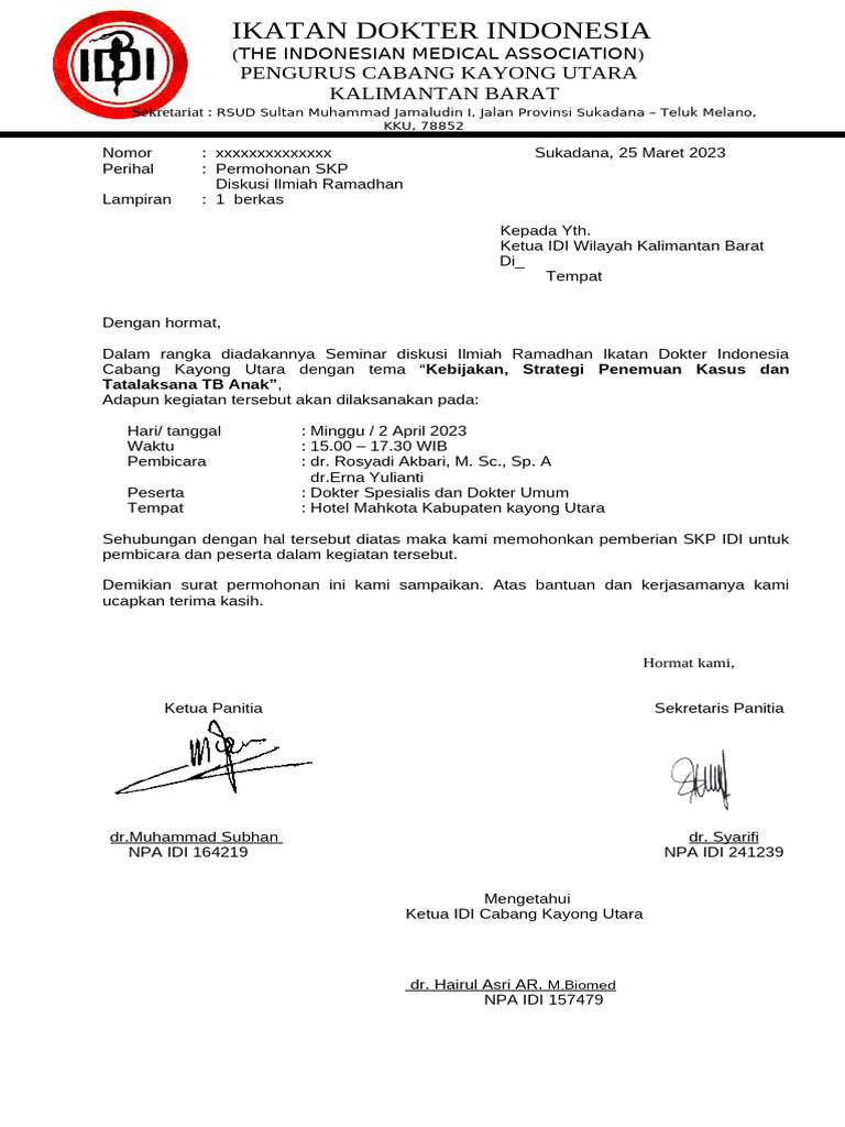 06 - Surat Permohonan SKP - Ketua IDI Wilayah + TOR TB Terbaru | PDF