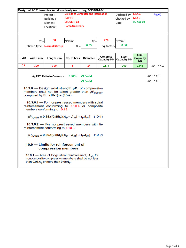 ACI - 318-08 - Column Design For Axial Load Only | PDF