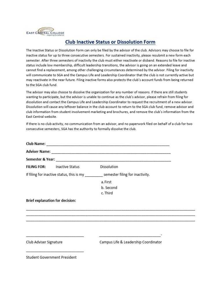 Club Inactive Status or Dissolution Form | PDF | Government
