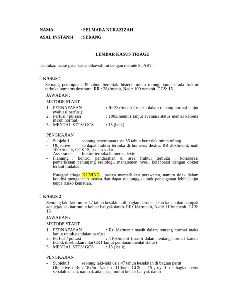 Selmara Nurazizah - Lembar Kasus Triage | PDF