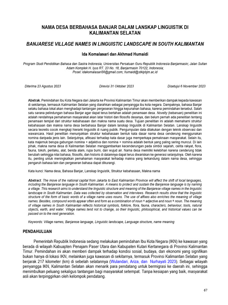 Banjarese Village Names in Linguistic Landscape in South Kalimantan | PDF
