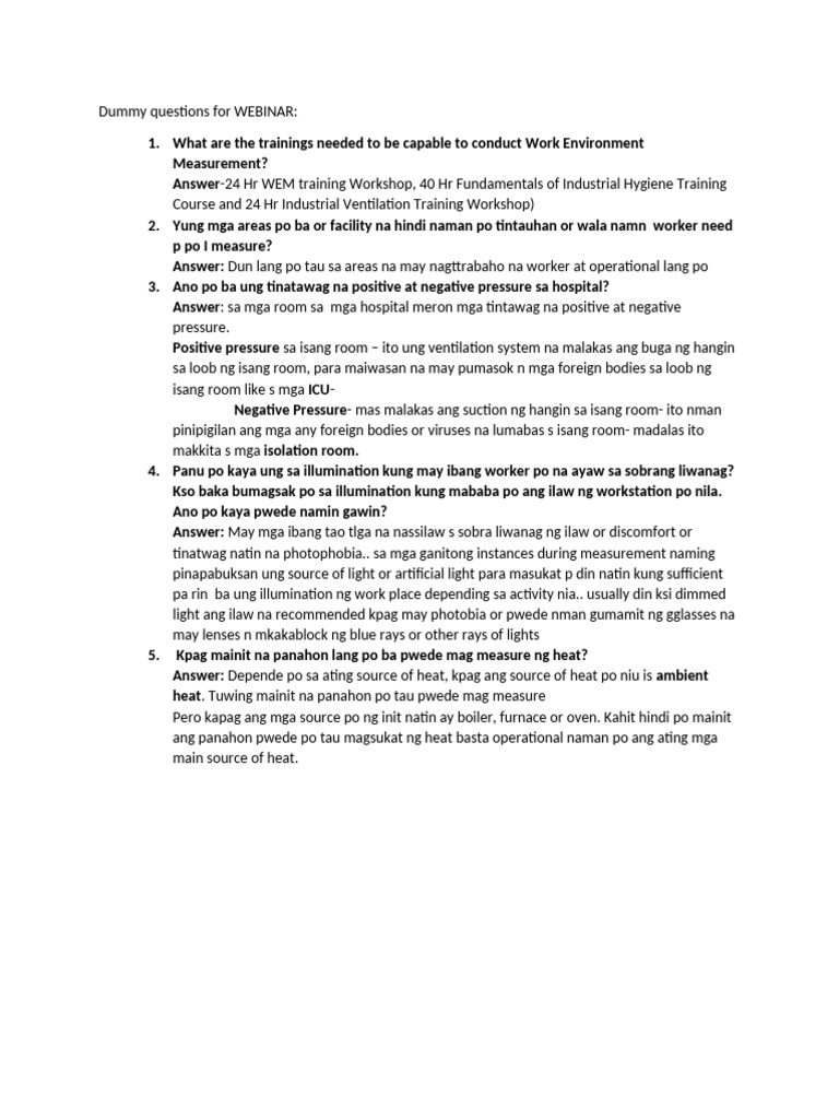 Dummy Questions For WEBINAR | PDF