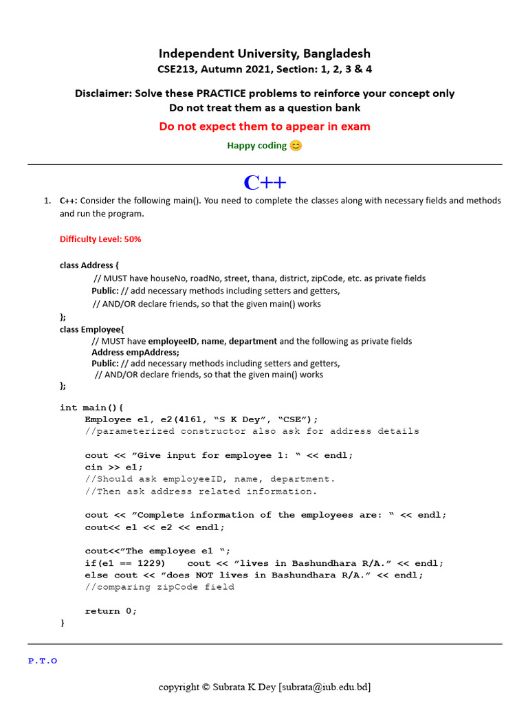 2021 Autumn - Practice Problems For C++ | PDF