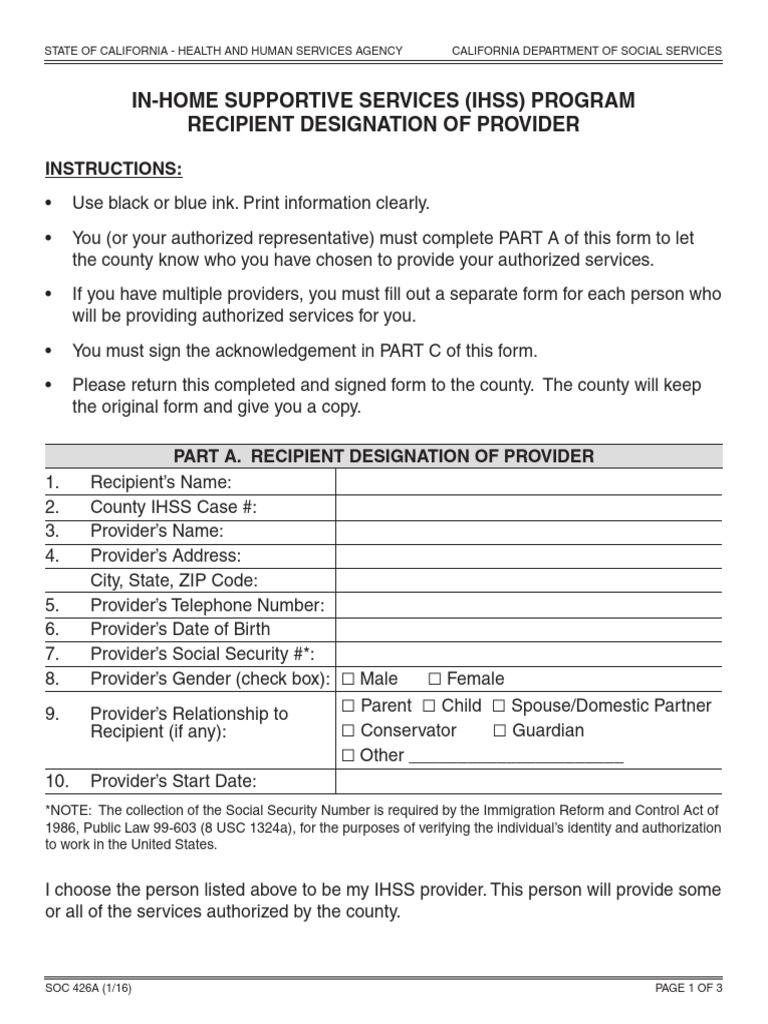 Ihss. Designation of Provider Blank Form | PDF