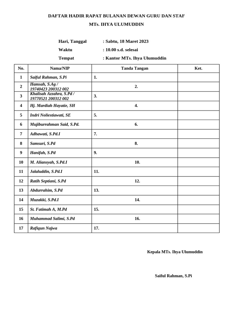 Daftar Hadir Rapat Bulanan Dewan Guru Dan Staf | PDF