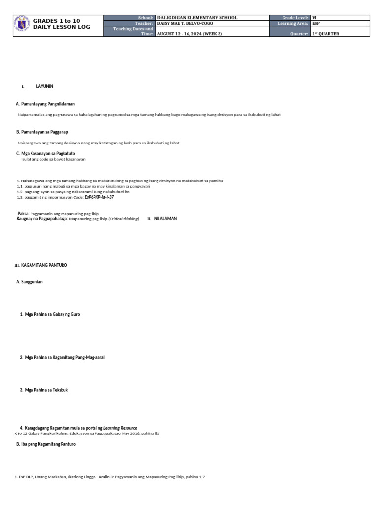 DLL - Edukasyon Sa Pagpapakatao 6 - Q1 - W3 | PDF