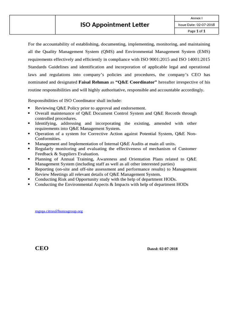 ISO Coordinator Appointment Letter | PDF