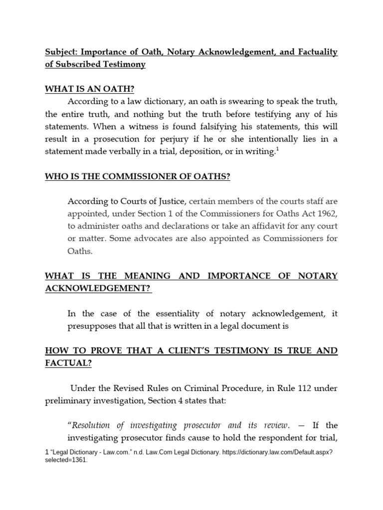 Subject - Importance of Oath, Notary Acknowledgement, and Factuality of ...