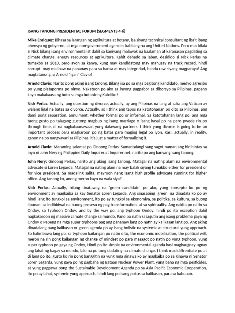 Isang Tanong Presidential Forum Parts 4-6 Transcript | PDF