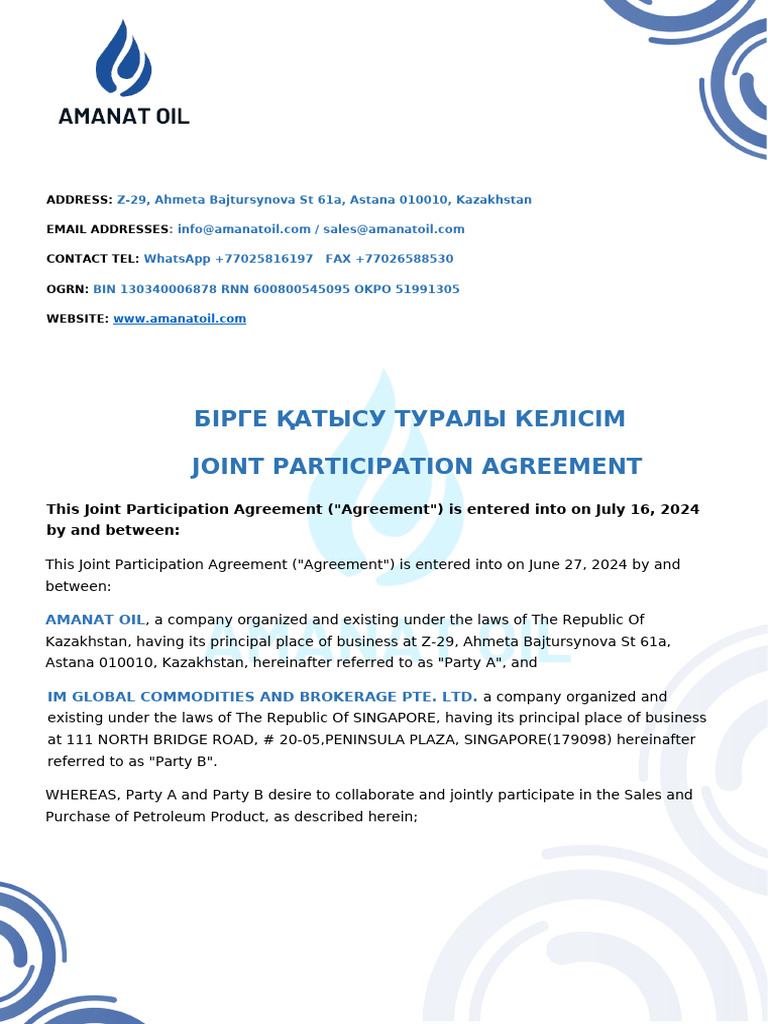 Amanat Oil Kazakhstan Joint Party Agreement (Jpa) | PDF