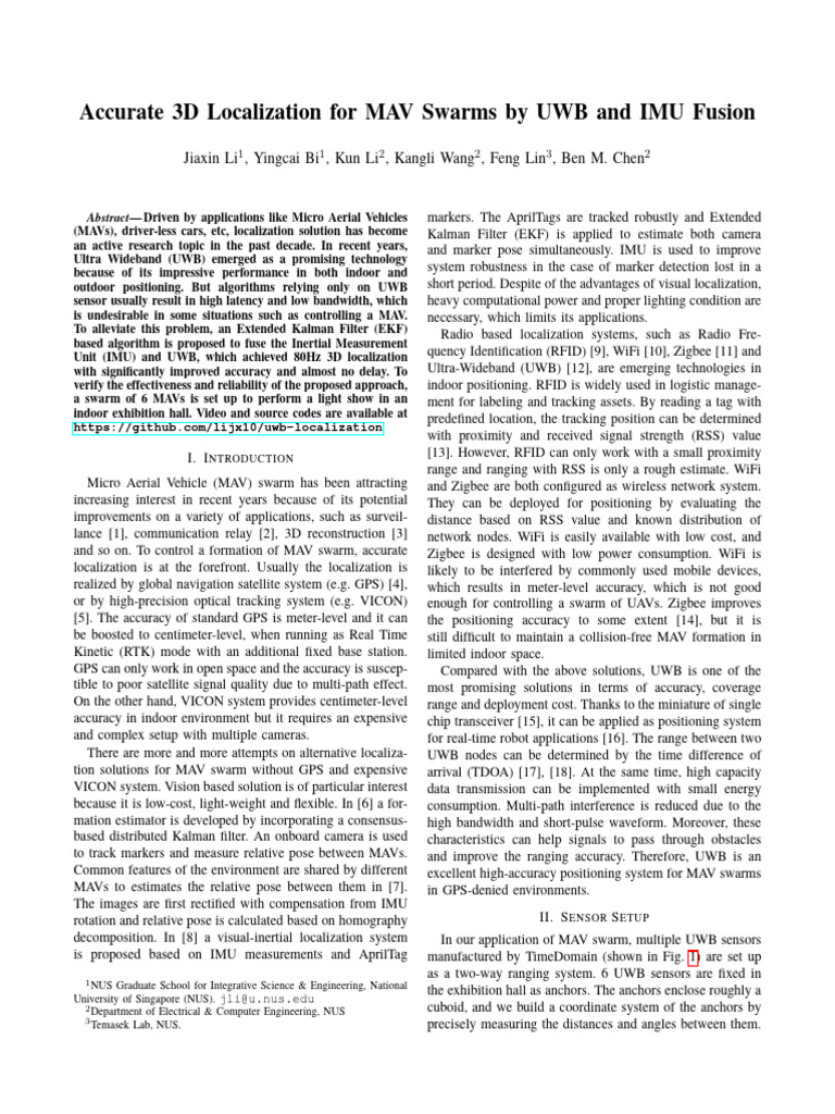 Accurate 3D Localization for MAV Swarms by UWB and IMU Fusion | PDF