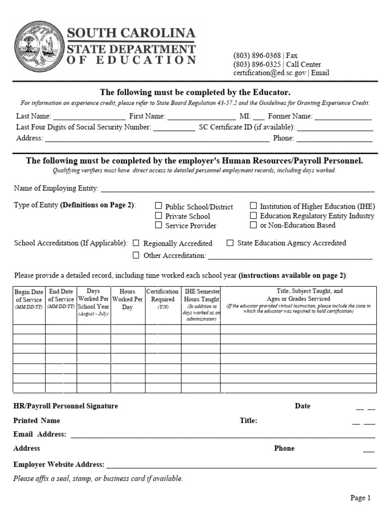 South Carolina Educator Experience Form | PDF