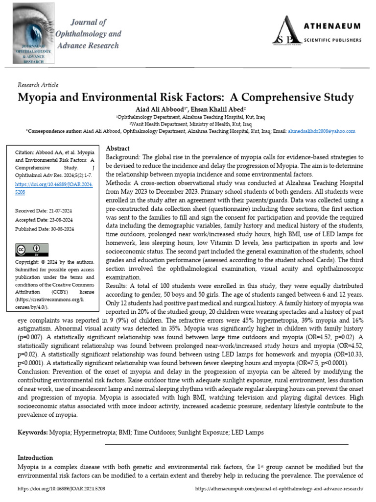 Myopia and Environmental Risk Factors A Comprehensive Study | PDF | Myopia