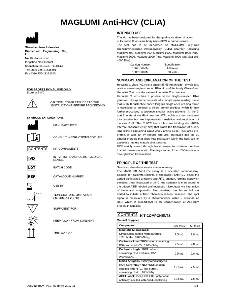 Maglumi Anti-Hcv (Clia) : Intended Use | PDF