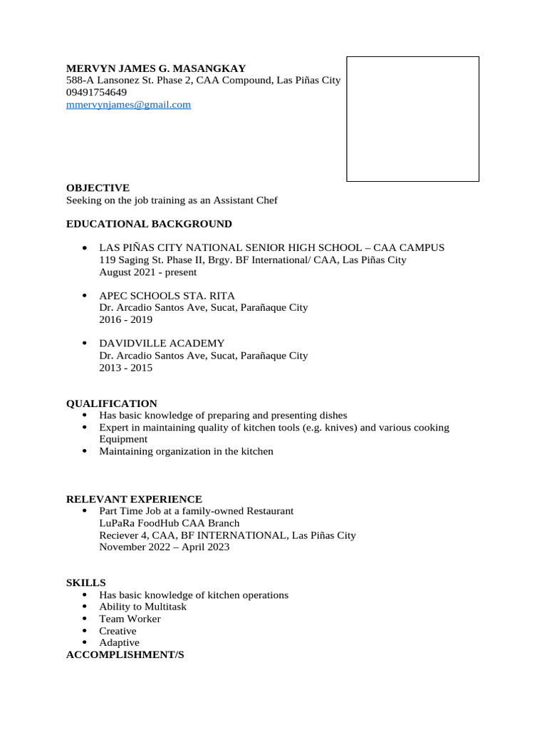 Mervyn Resume Application Letter | PDF