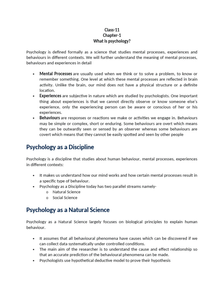 Understanding Psychology: Class 11 Notes | PDF | Psychology | Career ...