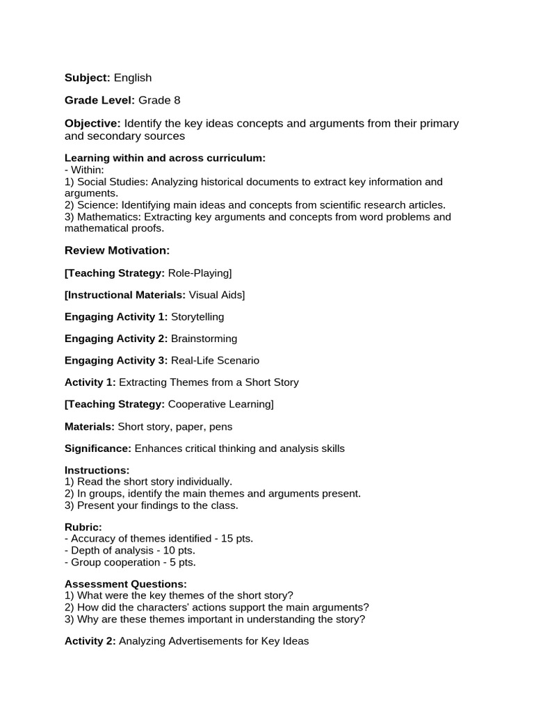 Key Ideas Analysis for Grade 8 English | PDF | Critical Thinking | Analysis