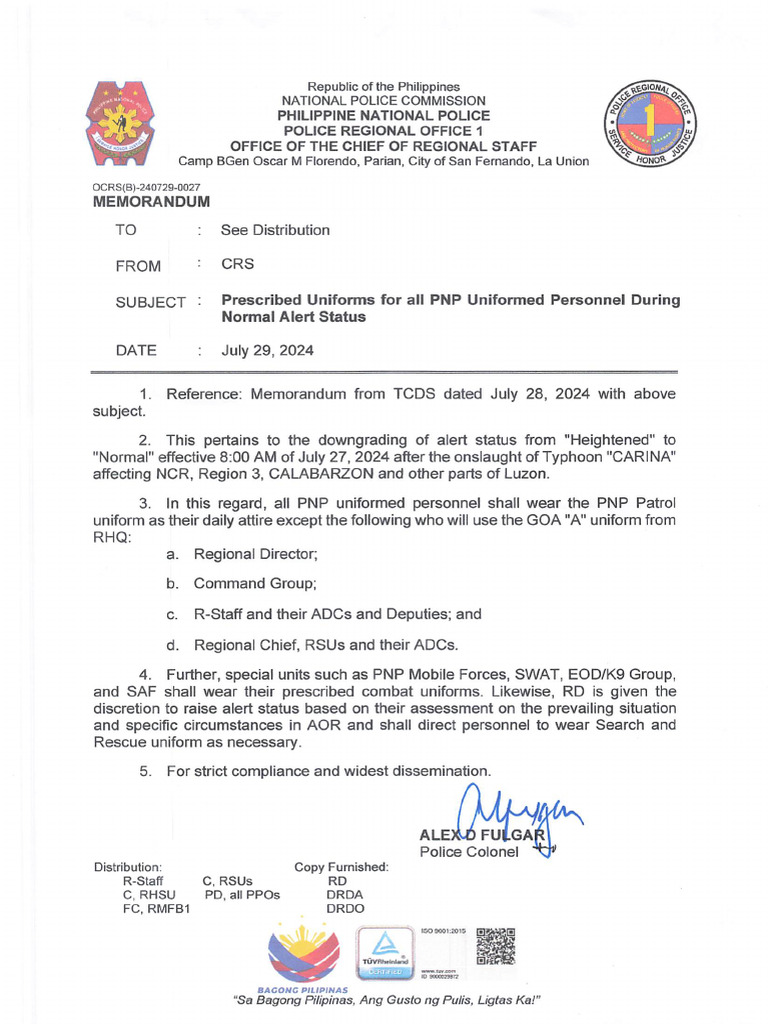 Prescribed Uniforms For All PNP Uniformed Personnel During Normal Alert ...