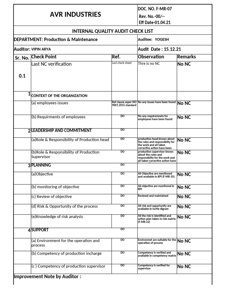 Internal Audit Checksheet | PDF