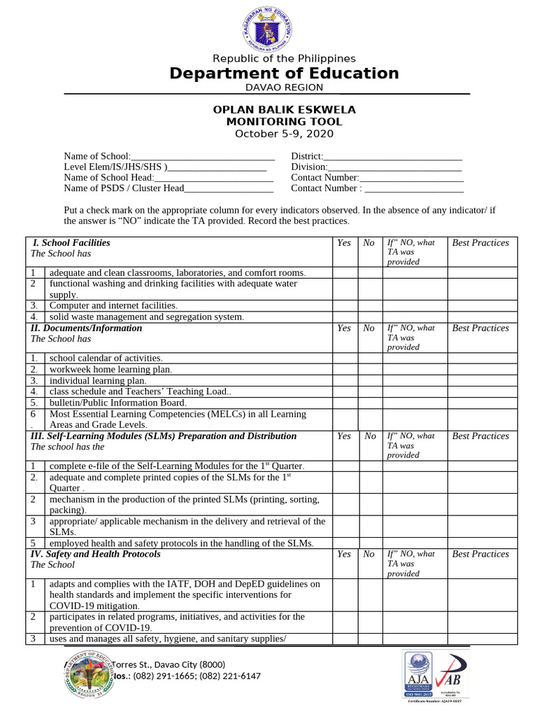 Oplan Balik Eskwela Monitoring Tool | PDF | Self-Improvement | Wellness
