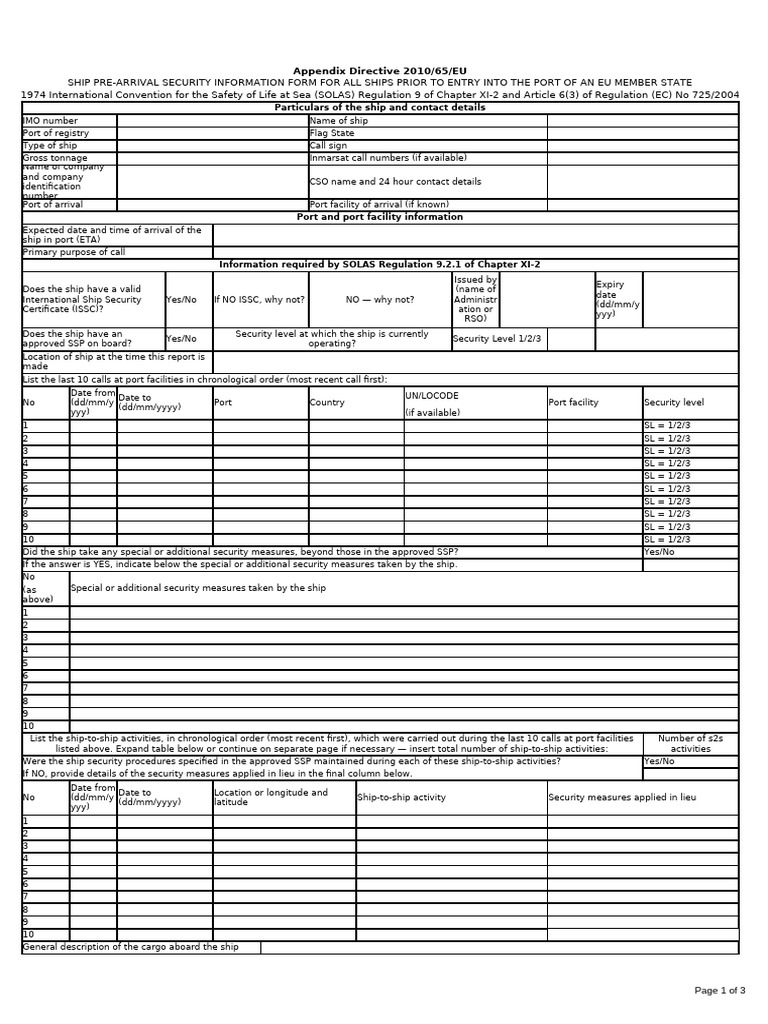 European Reporting Form For Ship Security Prearrival Info Excel | PDF