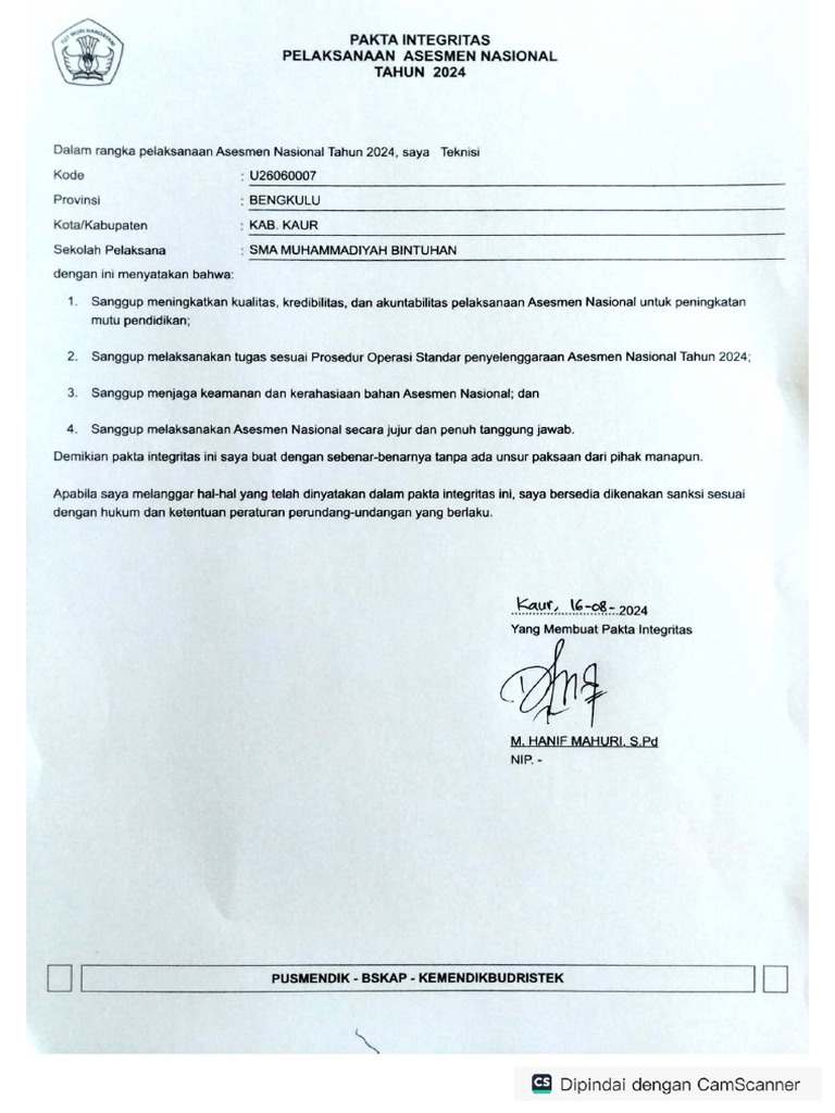 Pakta Integritas Hanif | PDF