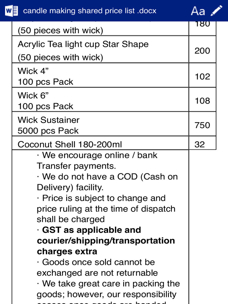 Candle Making Shared Price List .Docx - Microsoft Word Online | PDF
