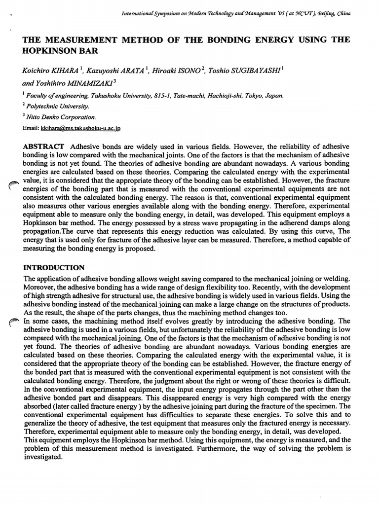 2005.9 The Measurement Method of The Bonding Energy Using The Hopkinson Bar, NCUT | PDF
