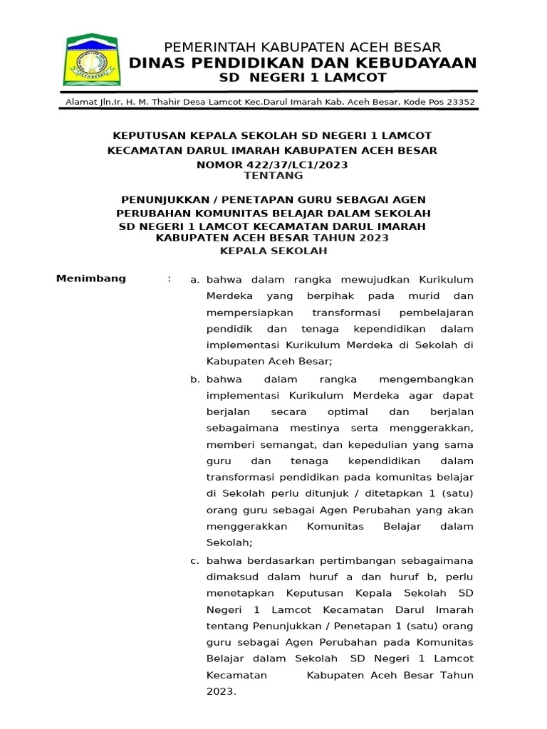 Format SK Penunjukkan Agen Perubahan Satuan Pendidikan | PDF