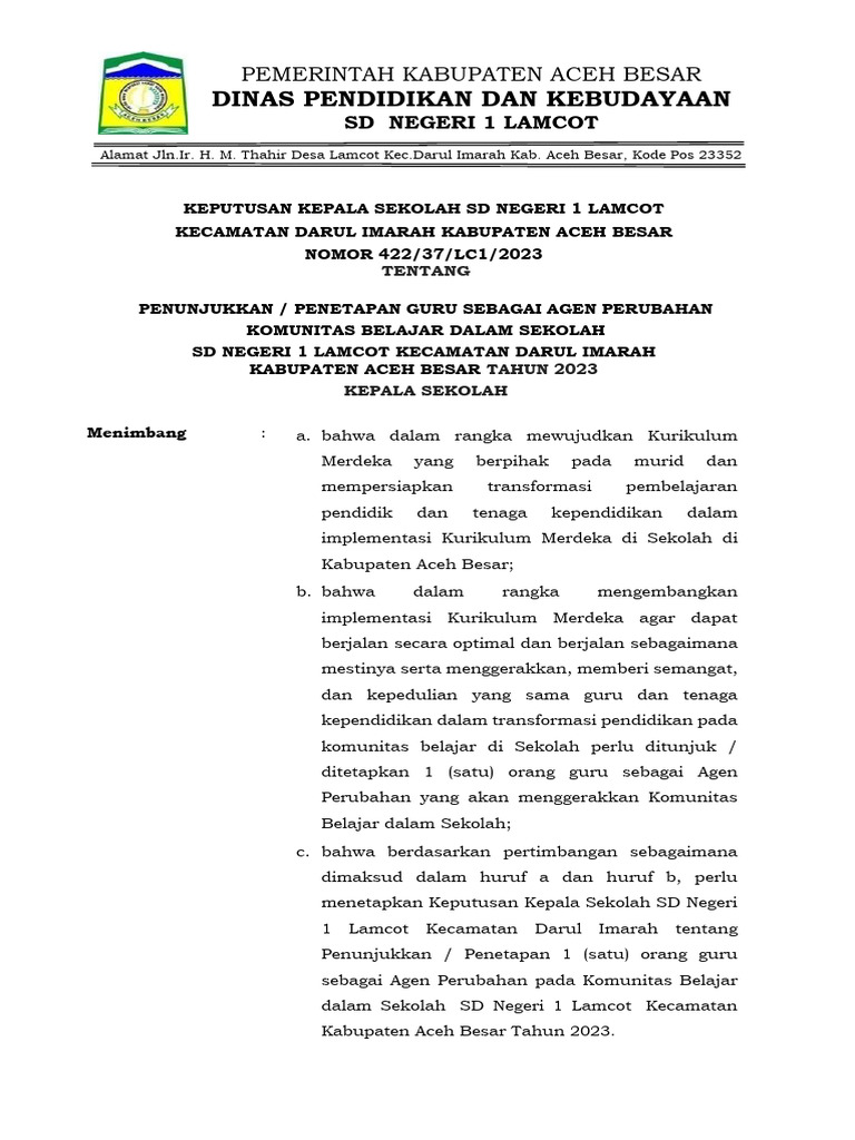 Format SK Penunjukkan Agen Perubahan Satuan Pendidikan | PDF